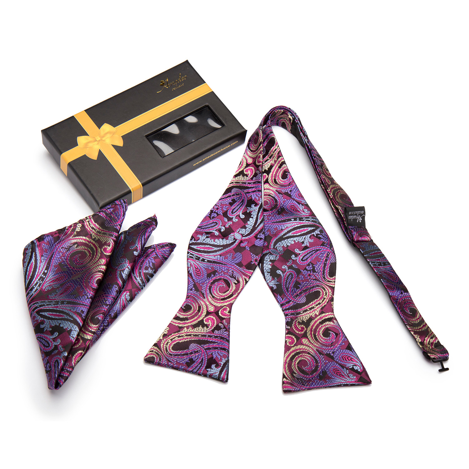 Self Bow Tie And Hanky Set // Purple + Pink + Gold Paisley - Amedeo ...