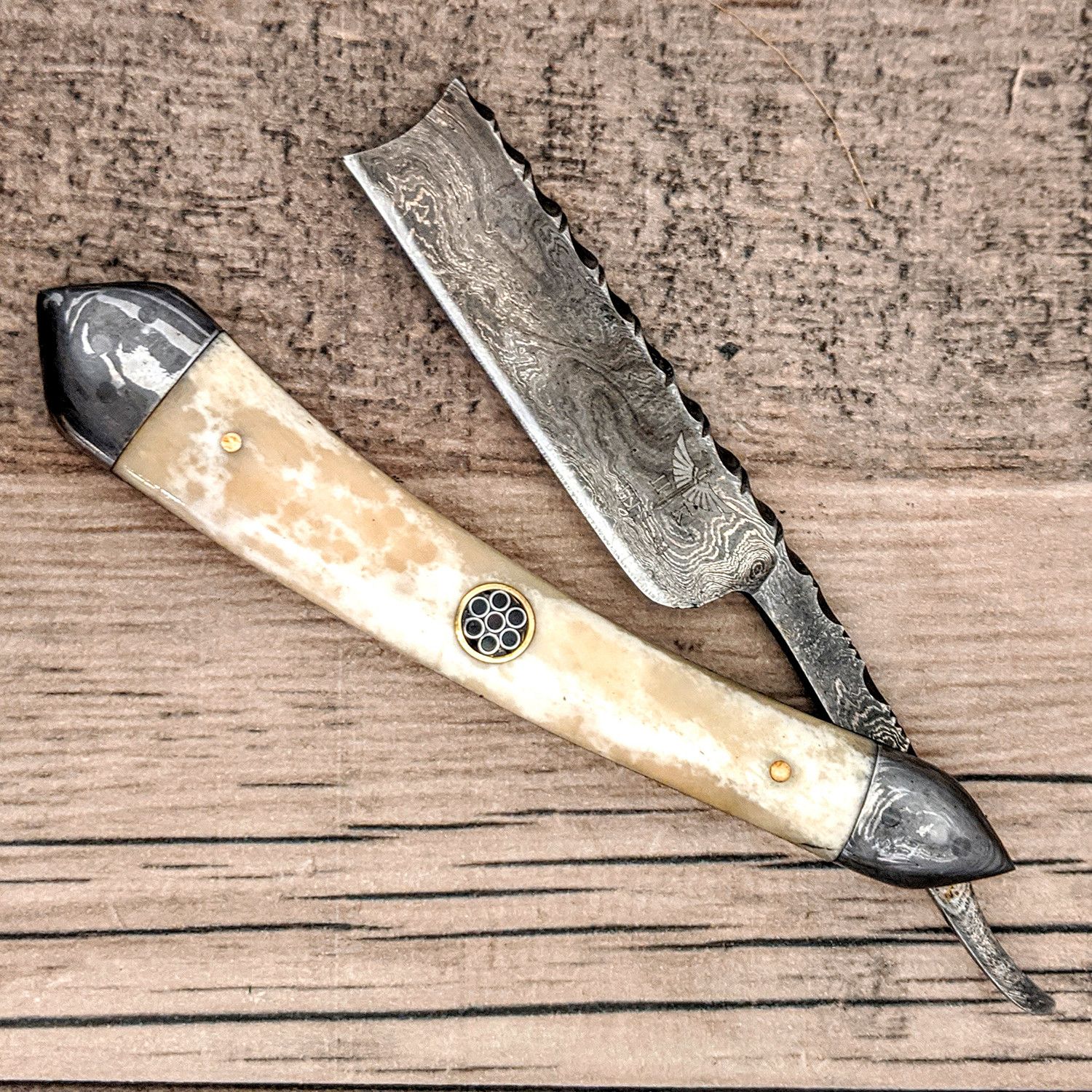 Straight Razor // Bone Handle + Damascus Bolsters - Hometown Knives ...