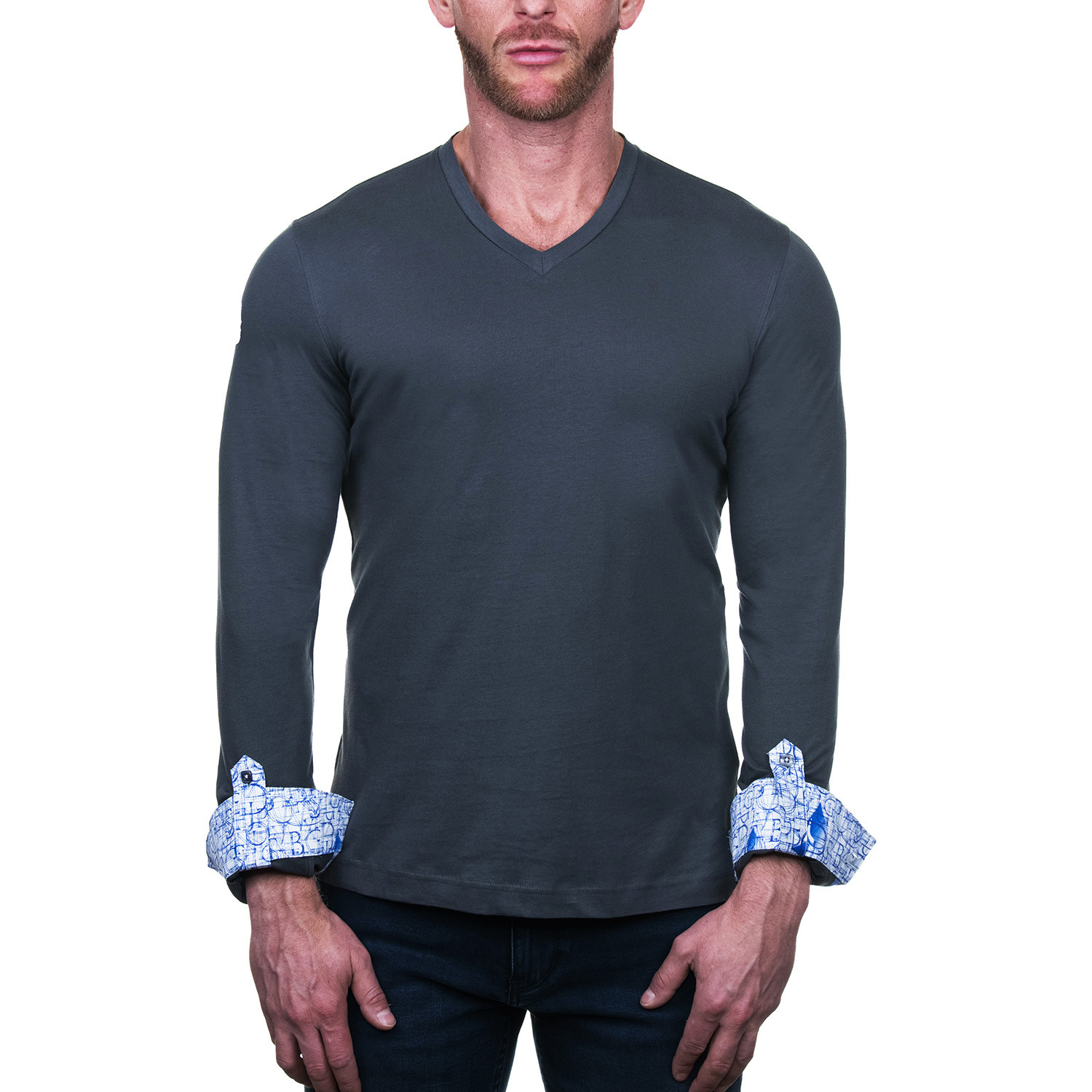 V-Neck Edison Letter Long-Sleeve Shirt // Gray (S) - Maceoo - Touch of ...