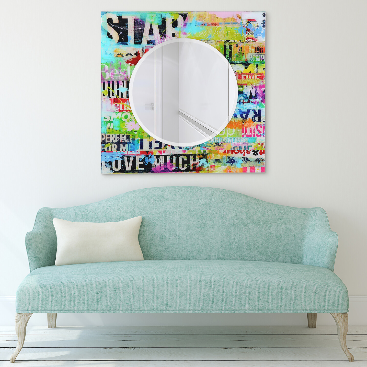Star Round Beveled Mirror on Square Free Floating Printed Tempered Art ...