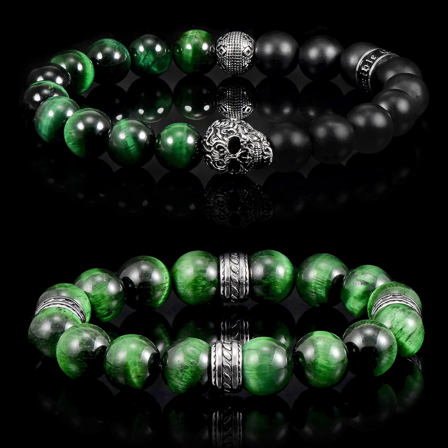 Skull + Green Tiger Eye + Matte Onyx Stretch Bracelets // Set of 2 // 8 ...
