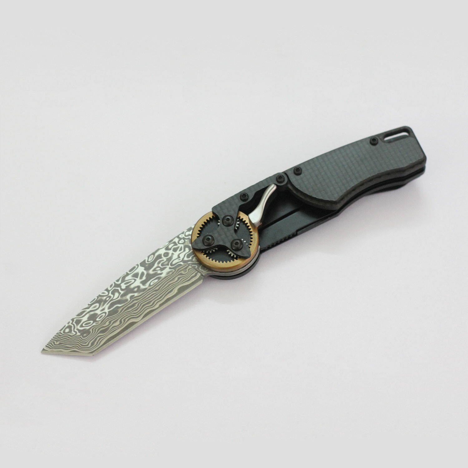 Damascus Tanto Tip // Copper Finish + Carbon Fiber Handle - Mantis ...