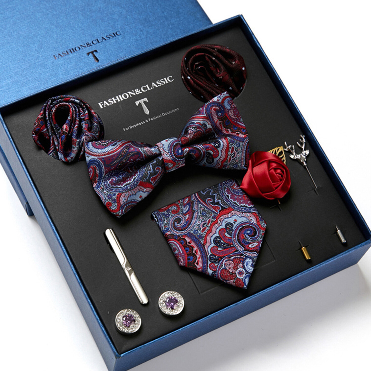 8 Pc Tie & Accesory Set // Navy Blue with Blue + Red Paisley - Amedeo ...