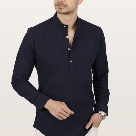 Banded Collar 3 Button Shirt // Navy Blue (S) - ETIKMEN Button Ups ...