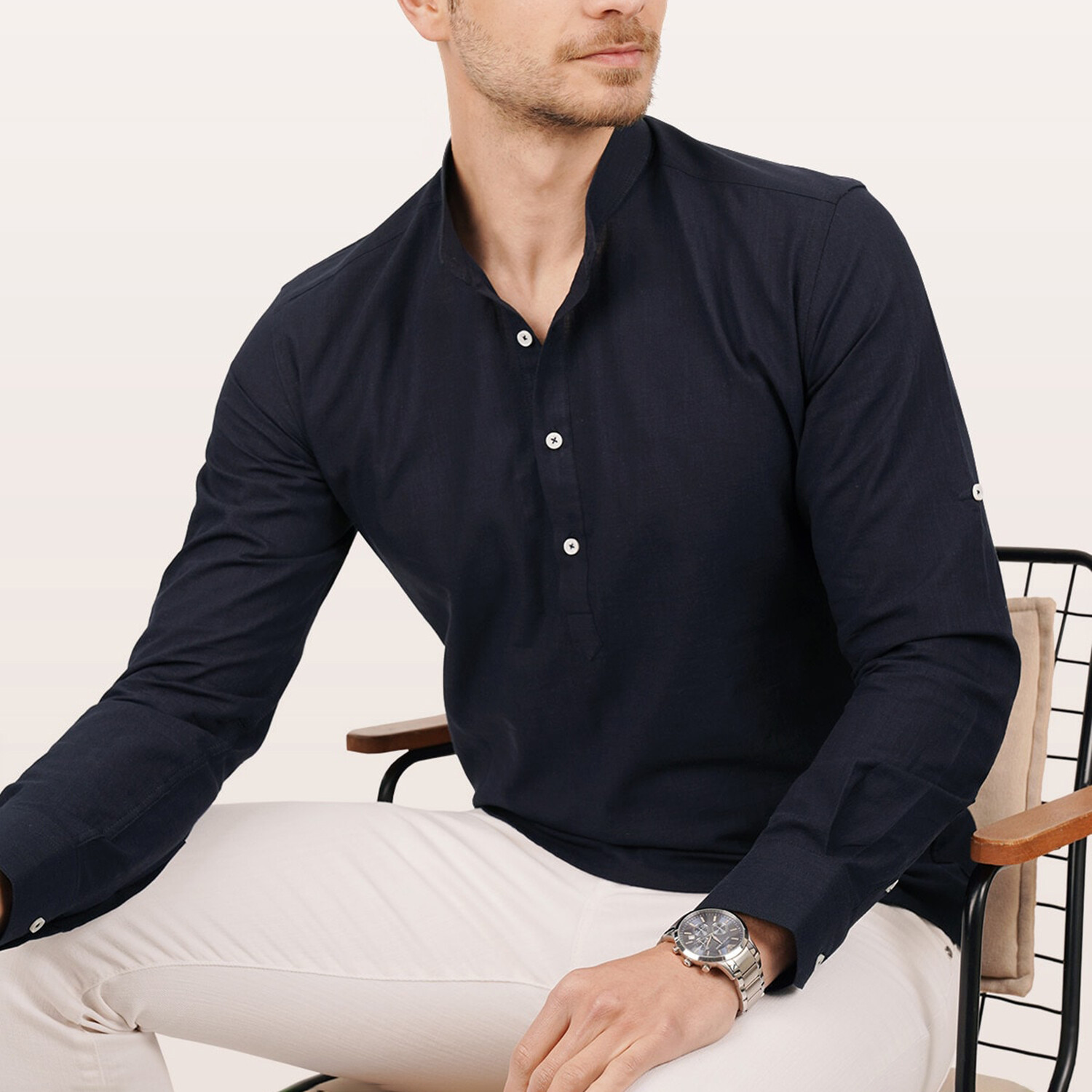 Banded Collar 3 Button Shirt // Navy Blue (S) - ETIKMEN Button Ups ...